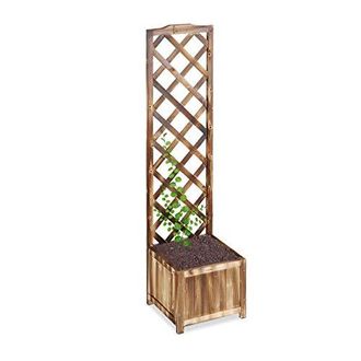 Relaxdays Rankkasten mit Rankgitter, wetterfest, Holz, f&uuml;r Balkon, Garten, Rosen, 25 L K&uuml;bel, 147 cm Rankhilfe, gebrannt, Beige