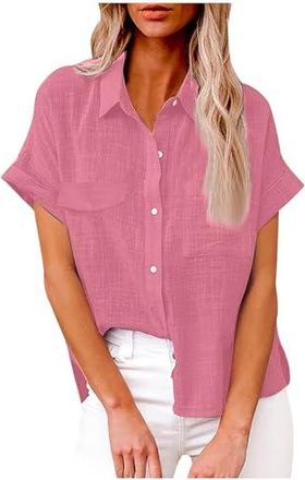 Generic Chemise d&eacute;t&eacute; en coton et lin &agrave; manches courtes pour femme - Tunique d&eacute;contract&eacute;e ample unie - V&ecirc;tements tendance avec poches, Rouge, XXL