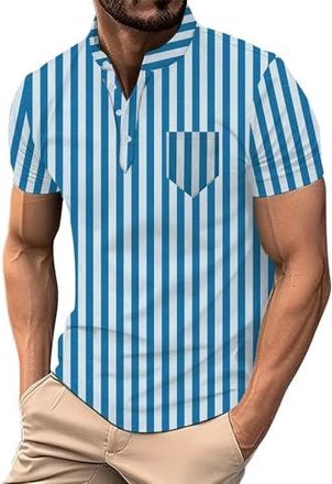 Generic T-shirt d&eacute;contract&eacute; &agrave; rayures pour homme Chemise ray&eacute;e d&eacute;contract&eacute;e et tendance avec bouton et col montant. V&ecirc;tements pour entra&icirc;nement int&eacute;rieur et e