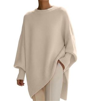 Generic Pull surdimensionn&eacute; &agrave; manches chauve-souris pour femme d&eacute;contract&eacute; col rond tendance pull ample en tricot c&ocirc;tel&eacute; doux et confortable, beige, XXL