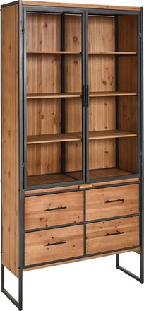 Livetastic Vitrine, Natur, Schwarz, Metall, Tanne,Tanne, massiv, 3 Fächer, 4 Schubladen, 100x210x41.5 cm, FSC, Wohnzimmer, Wohnwände, Vitrinenschränke