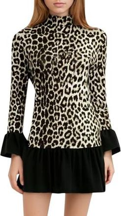 Generic Robe amincissante &agrave; manches longues pour femme - Imprim&eacute; l&eacute;opard - Coupe ajust&eacute;e, kaki, XL