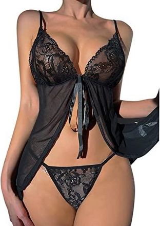 Generic Ensemble de lingerie sexy pour femme - Robe fine en dentelle avec string en maille transparente - Sous-v&ecirc;tements salopes extensibles et r&eacute;glables - Ju