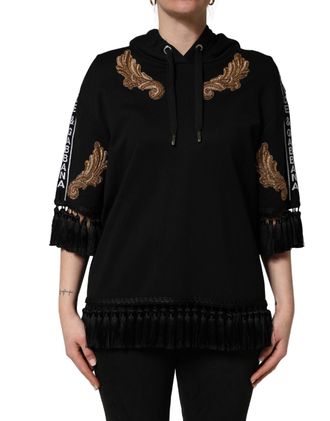 Dolce & Gabbana Womens Black Embroidered Tassel Hooded Sweatshirt Sweater Cotton Clothing