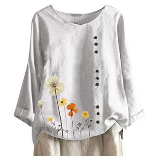 Generic Chemise en lin blanc &agrave; manches longues pour femmes - Haut &agrave; col rond pour femme - Haut boutonn&eacute; grande taille - Tunique &agrave; imprim&eacute; floral - Pull &agrave; &eacute;pau