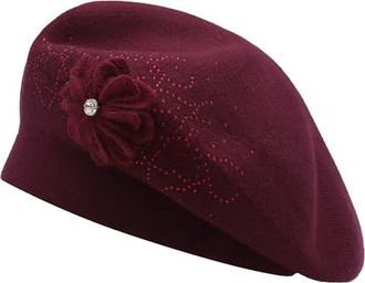 ZLYC B&eacute;ret fran&ccedil;ais pour Femme - B&eacute;ret dhiver d&eacute;cor&eacute; de Fleurs, Couleur Unie Bordeaux, Taille Unique