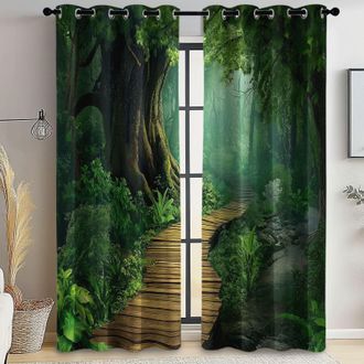 Generic Vorhänge Blickdicht Grün, Verdunkelungsvorhänge Cartoon Waldweg Muster, Bedruckte Ösenvorhänge H 260 x B 140 cm (2er Pack) dekor für Schlafzimmer Wohn