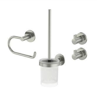 Lenz Bad-Accessoire-Set NOA in Nickel - 4-teilig - Toilettenpapierhalter, WC-Bürstengarnitur und Zwei Handtuchhaken - Zum Kleben oder Bohren - Mit Anti-Fin