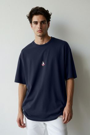 Trendyol MAN Herren Dunkelblau Bestickt Lang Oversize T-Shirts