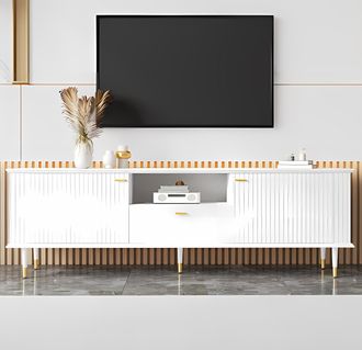 Generic TV Schrank mit offenen F&auml;chern und Schubladen lackierter Oberfl&auml;che Soft Close Funktion praktischem Kabelzugang vielseitiger Aufteilung verstellbaren 