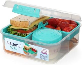 Sistema Bento Box TO GO Brotdose mit Fächern | 1,25 L Lunchbox mit Joghurt-/Fruchtbehälter | Lunchbox Kinder & Erwachsene | Blaugrün