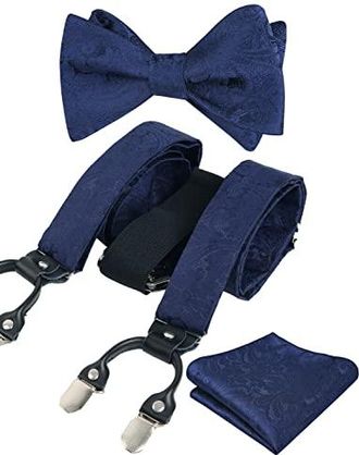 Alizeal Noeud papillon réglable pour homme Motif cachemire floral Avec poche carrée et élastique en forme de Y 6 clips, bleu marine, taille unique