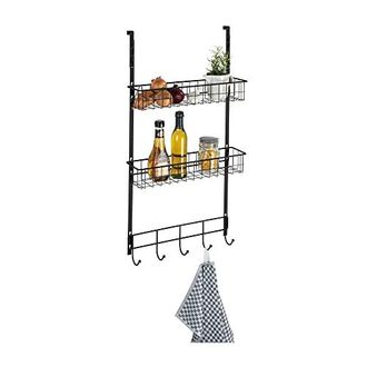 WENKO Türregal Schwarz, Hängeregal für Bad & Küche für zusätzlichen Stauraum, mit 2 Körben und 5 Haken, Montage ohne Werkzeug zum Einhängen im Türrahmen, 39