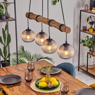 HOFSTEIN Pendelleuchte Koyoto, 4-flammige H&auml;ngelampe aus Metall/Holz/Riffelglas in Schwarz/Natur/Bernstein/Klar, H&auml;ngeleuchte m. Glasschirmen/Holzbalken, max. 