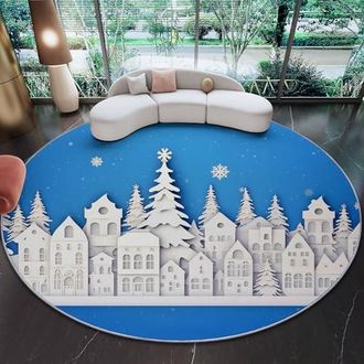 Generic 150 cm Tapis Rond pour Salon, Motif No&euml;l Petite Maison Papier D&eacute;coupe - Antid&eacute;rapant &agrave; Poils Courts Doux Chambre - Bleu pour entr&eacute;e Chambre &agrave; Coucher 