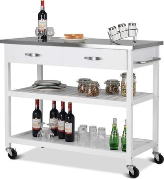 Generic Küchenwagen, Rollwagen, Kücheninsel, klappbare Arbeitsplatte, 2 Schubladen, seitlicher Griff, Räder (116 x 53 x 93 cm, ohne Klappdeckel, weiß)