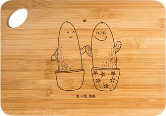 Mr. & Mrs. Panda Bambus - Schneidebrett Kaktus Liebe - Geschenk, Kakteen, Hackbrett, Holzschneidebrett, Servierbrett, Hochzeit, Kaktusliebe, Bretter