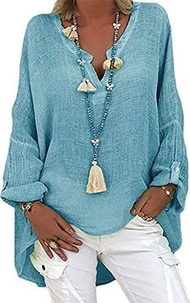 ORANDESIGNE T-Shirt Femme Chic Couleur Unie Lin Coton Chemise Vintage Mode Manches Longues T-Shirt Casual Confortable Col V Hauts Grande Taille F Bleu S