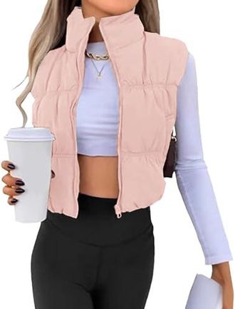 Generic Gilet court matelass&eacute; pour femme, fermeture &eacute;clair, l&eacute;ger, sans manches, chaud et rembourr&eacute;, rose, taille L