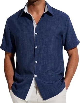Generic Chemise en coton et lin pour homme - Haut boutonn&eacute; &agrave; manches courtes - Col &agrave; revers tendance - Coupe ample - Confortable - Respirant - V&ecirc;tements de pl