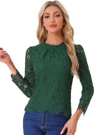Allegra K Chemisier en Dentelle Femme Col Ronde à Volants Chemise à Manches Longues Floral Haut Élégant Vert foncé2 XL