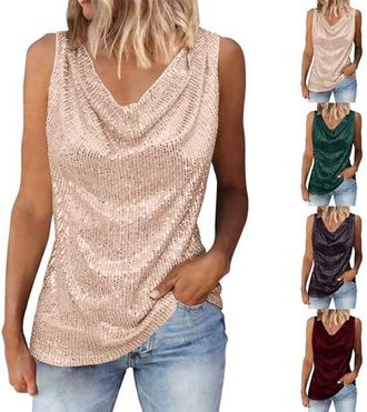 Generic Haut sans manches &agrave; col b&eacute;nitier - D&eacute;bardeurs &agrave; paillettes pour femme - Gilet de sortie tendance - Coupe ample - Bretelles polyvalentes - Caraco tenda
