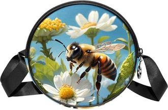 Generic Sac &agrave; bandouli&egrave;re rond pour femme, motif abeille, petit sac &agrave; bandouli&egrave;re avec fermeture &eacute;clair, bretelles r&eacute;glables, sac &agrave; main rond d&eacute;contract&eacute; pour