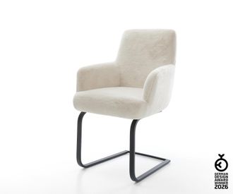 DELIFE Freischwinger Heira-Flex mit Armlehnen Pl&uuml;sch Creme-Wei&szlig; Freischwinger flach Schwarz Taschenfederkern, Esszimmerst&uuml;hle