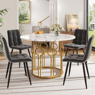 Generic Modernes Tisch mit 4 St&uuml;hlen Set - 5-teiliges Esstisch-Set mit rundem Design, Stabiler MDF-Tischplatte in Marmoroptik und eleganten Metallbeinen, idea