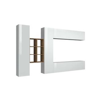 Dmora Ausgestattete Wand Danilo, 4-türiges TV-Ständer-Wohnzimmerset, Mehrzweck-Wohnzimmermöbel, 100% Made in Italy, 280 x 30 x 180 cm, glänzendes Weiß und A