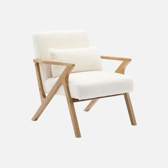 Sweeek Fauteuil scandinave Bois dhévéa et Tissu Effet Fausse Fourrure Blanc crème