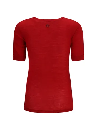 Versace Womens Ribbed Knit T-Shirt Lipstick Red Fleece Wool Ovis Aries T-Shirts And Polos