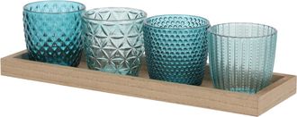 Wackadoo Windlicht Set 4-teilig, Deko-Gläser für Kerzen Teelichter, Kerzenständer, Teelichthalter ø 8 cm, mit Holztablet, Weihnachtsdeko