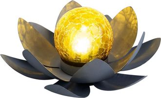 Globo Lighting Lotusblüte für Außen Gartenleuchte Deko Leuchten Asia Garten Lotusblüte Gartendeko Solar, Crackle Glas Metallblätter grau, 1x LED, D 25 cm