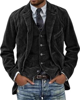 Generic Blazer de Costume Vintage en Velours côtelé pour Homme, Veste de Cowboy élégante, Style Business décontracté, Noir, Taille 3XL