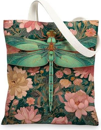 Generic Sacs fourre-tout en toile motif libellule - Réutilisables - Motif floral - Légers et lavables - Avec bandoulière, bleu sarcelle, 13x15 Inch