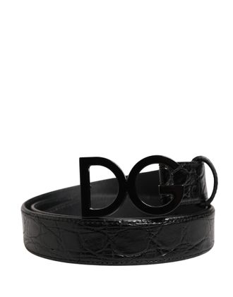 Dolce & Gabbana Men Black Exotic Leather Logo Buckle Belt Caiman