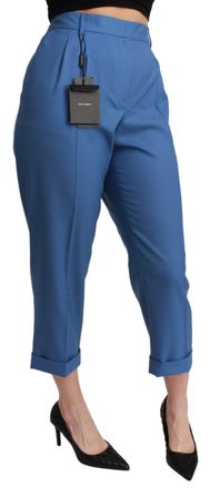Dolce & Gabbana Womens Pleated Wool Cuffed Cropped Trousers Blue Virgin Elastane