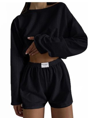 Minetom Zweiteiler Damen Freizeitanzug Loungewear Lose T-Shirt Hohe Taille Hose Oberteile und Shorts Set Sport Jogginganzug Hausanzug A Schwarz L