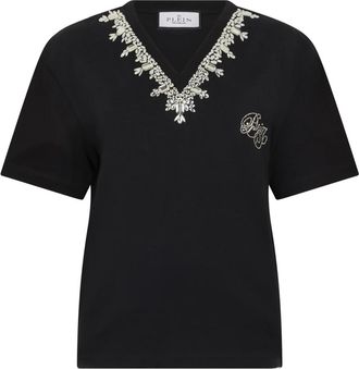 Philipp Plein Femme, Tops, Noir, Taille: 40 FR Man Fit V-Neck T-Shirt Crystals