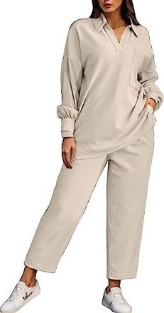 Generic Survêtement Femme Ensemble - Femmes Automne Hiver Mode Chemise Deux Pièces Ensemble Couleur Unie à Manches Longues Décontracté Col en V Chemise Pantal