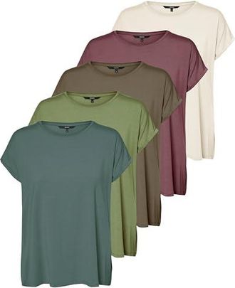 Vero Moda Aware Ava T-Shirt à Manches Courtes, Lot de 5 (Vert baume/Vert Huile/Caribou/Rose Marron/Pierre Pure), XL