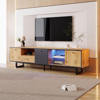 STILVORA Meuble TV avec 3 Portes, 1 Tiroir et 3 Niches et LED, Verre, Style Industriel, en Panneaux, Naturel, 190&times;40&times;50 cm
