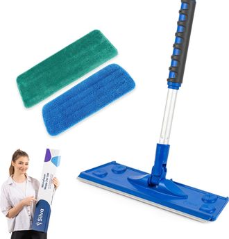 SILVA Mikrofaser Flachmopp mit höhenverstellbarem Teleskopstiel 90 bis 156 cm - Bodenwischer Set mit Nass- und Wandtuch - Wischer Boden mit 360 Grad Drehgel