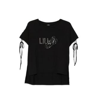 Liu Jo Eleganza Dunkles T-Shirt mit Kordelzug an den &Auml;rmeln - - Tops - Damen - Schwarzk - L