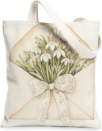 Generic Sac fourre-tout en toile avec motif perce-neige pour le shopping, 33 x 38,1 cm, motif fleurs et feuilles, sac &agrave; bandouli&egrave;re r&eacute;utilisable pour femme, p