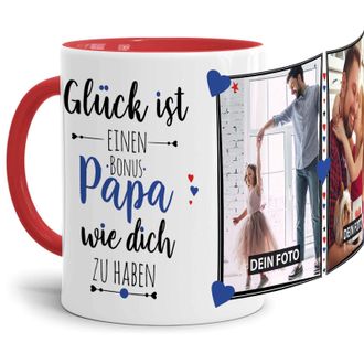 Tassendruck Fototasse mit Spruch f&uuml;r den Bonus Papa - Gl&uuml;ck ist, jemanden wie Dich zu haben - zum Selbst gestalten mit 2 Fotos, Innen & Henkel Rot, 300 ml