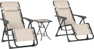 OUTSUNNY Gartenliege Set 3-TLG. Klappbar Sonnenliege mit Teetisch 2 Stühle Kopfkissen, Outdoor Liege wetterfest Relaxliege Liegestuhl aus Metall Strandliege fü
