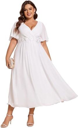 Ever-pretty Robe de Soirée Grande Taille Col V Manches Volantées Robe Mariage Invitée Femme Mousseline Blanc 56