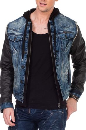 Cipo & Baxx Herren Hybrid-Denimjacke C-1290 Blau - Klassische Denim, Leder, Sport Verschiedene Jackenmodelle - Sweat-Kapuze und Sweat&auml;rmeln - mit Modernen Komfort